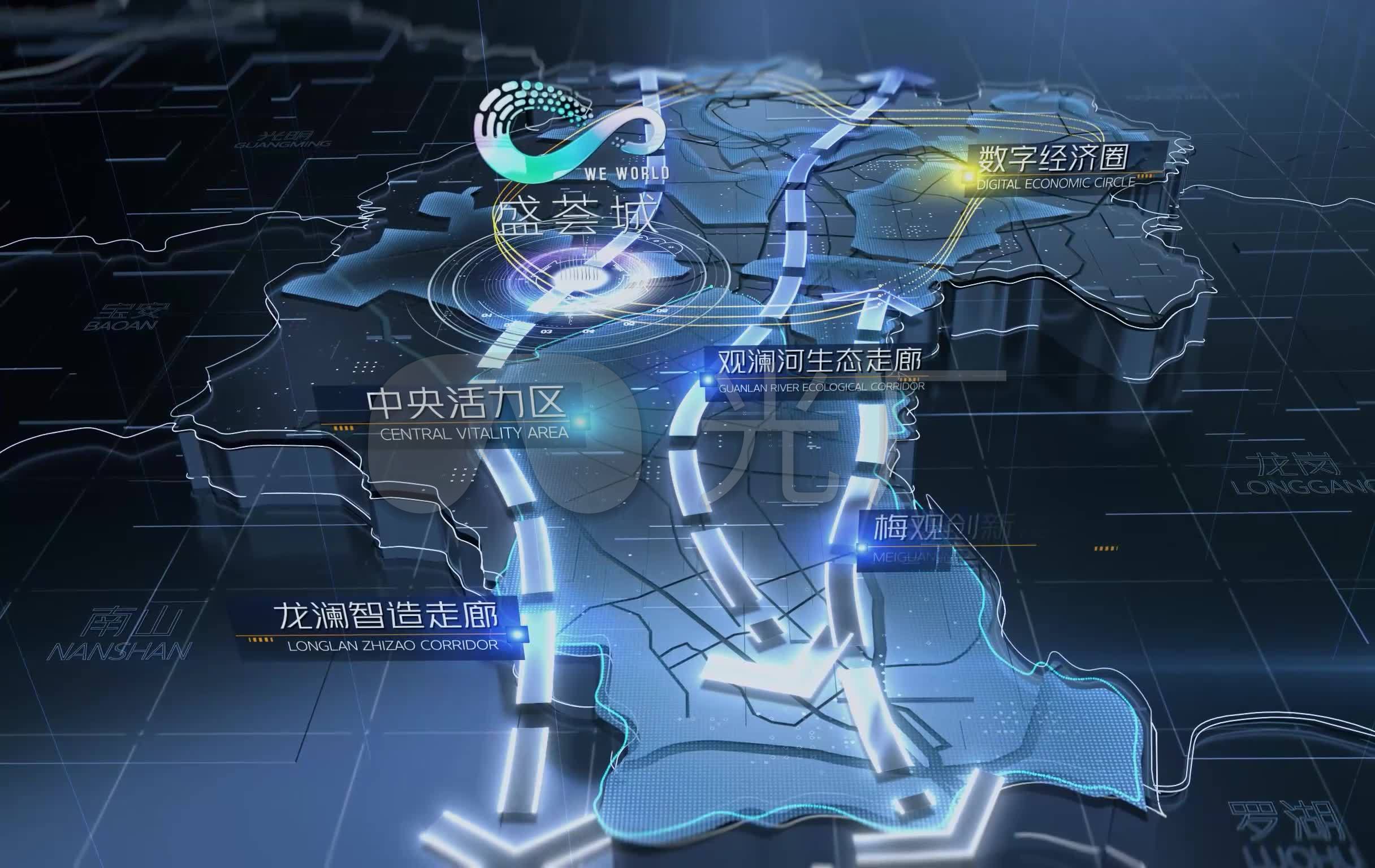 C4D+AE科技地图深圳龙华区位分析展示_C4D工程下载(编号:9853959)_3D模型_光厂(VJ师网) www.vjshi.com