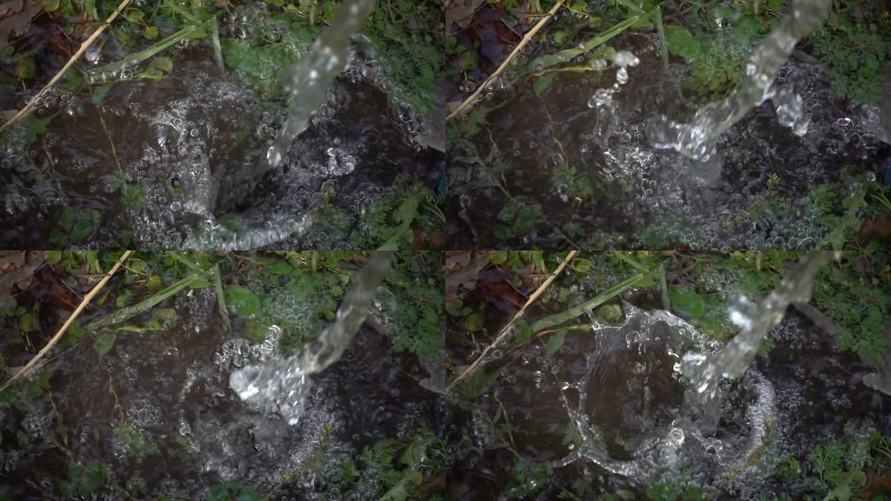 特写镜头在慢动作中泼水。水流落在绿草上。视频素材下载编号16223944光厂vj师网