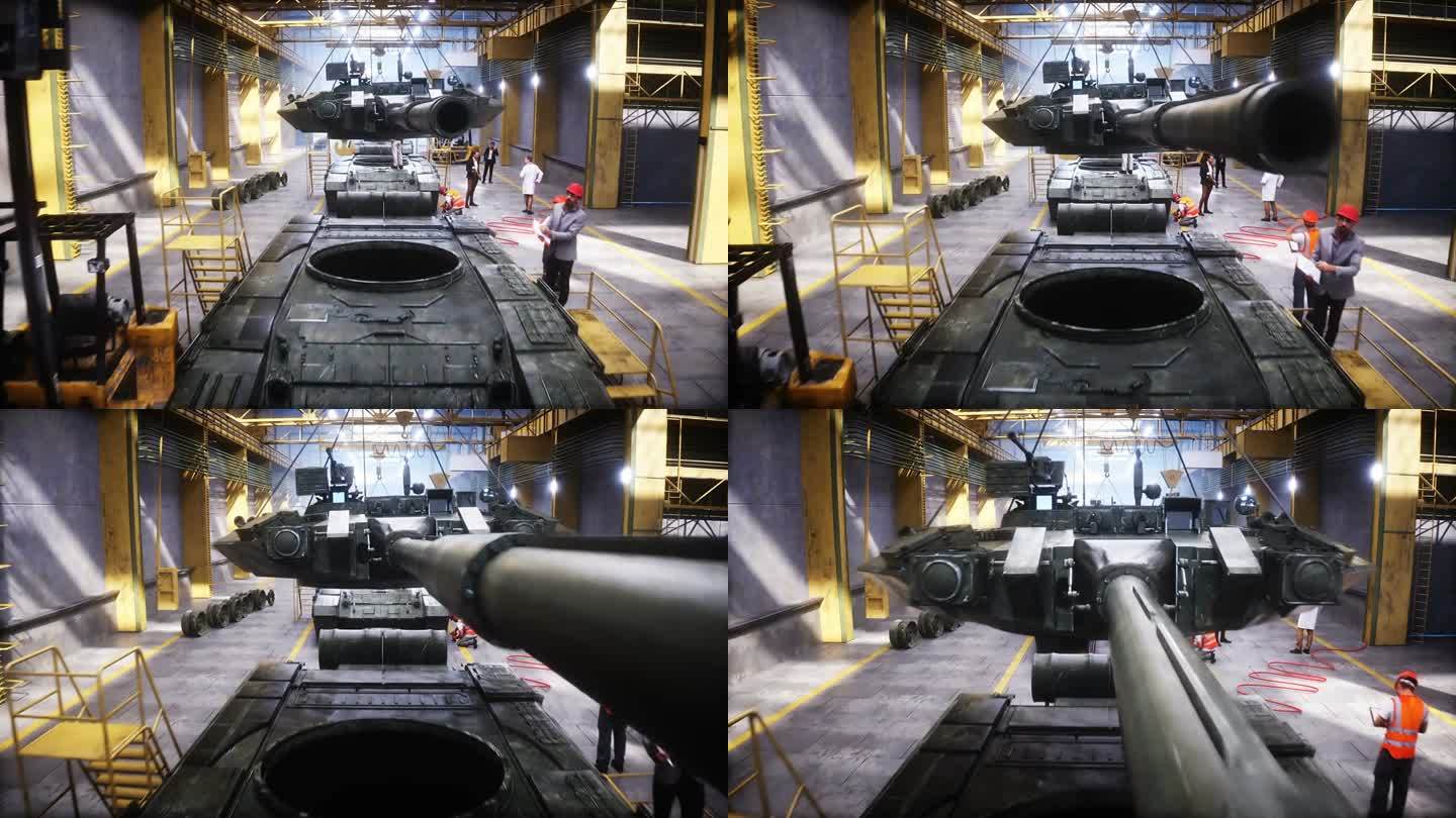 在工厂生产军用俄罗斯主战坦克t90。军用工厂武器。逼真的4k动画。_视频素材下载